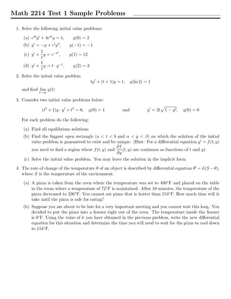 Test 1 Samples Introduction Differential Equations Math 2214 Docsity