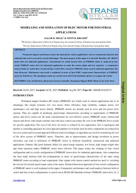 pdf modelling and simulation of bldc motor for industrial applications