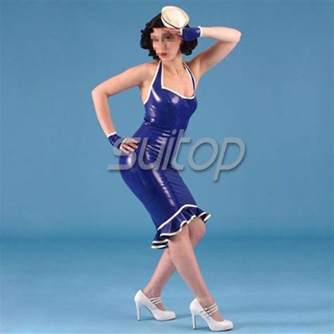 Sexy Party Rubber Latex Halter Tight Dress In Blue Color For Women