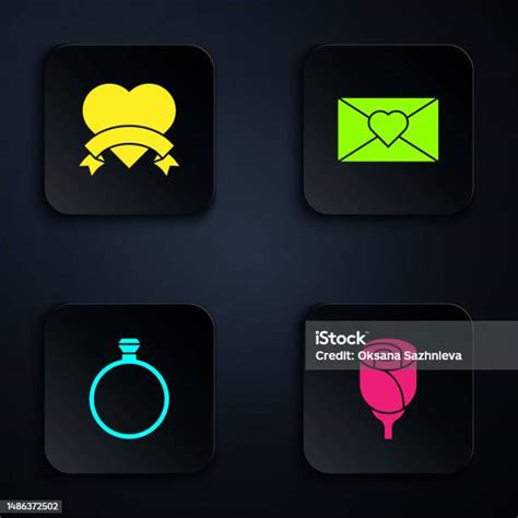 꽃 장미 하트 다이아몬드 약혼 반지 및 발렌타인 하트 봉투를 설정하십시오 검은색 사각형 버튼입니다 벡터 0명에 대한 스톡 벡터