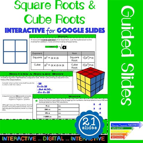 A Poster With The Words Square Roots And Cube Roots Interactive For Google Slides On It