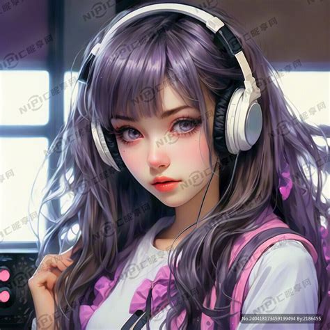 Ai创作图日系少女 紫罗兰 长发 耳朵上塞着耳塞 手里拿着音乐播放器 学生装 紫色调 耳朵部分特写 塞着小耳机 日系卡通风 昵图网
