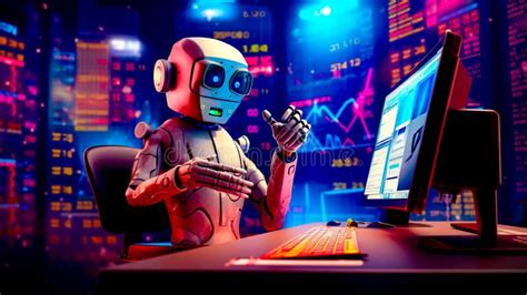Robot Sitting At Desk In Front Of Computer Monitor And Keyboard Generative Ai Stock