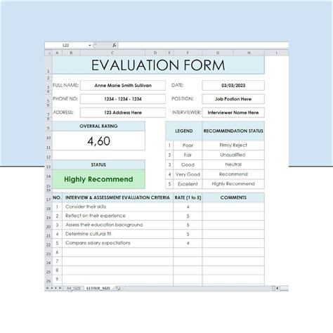 Evaluation Form Spreadsheet Template Performance Evaluation Form