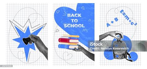 신학기 포스터 세트 트렌디 한 하프 톤 콜라주 교과서 학교 책가방 종 체크 무늬 배경에 낙서 학습 지식의 개념 개념에 대한 스톡 벡터 아트 및 기타 이미지 Istock