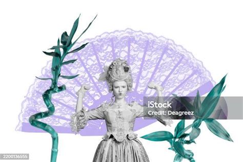 트렌드 삽화 3d 사진 콜라주 디자인 꽃 잎 식물 팬 공기 더운 날씨 포도 수확 귀족 법원 젊은 여자 힘 손 제스처 16 17 살에 대한 스톡 사진 및 기타 이미지 Istock