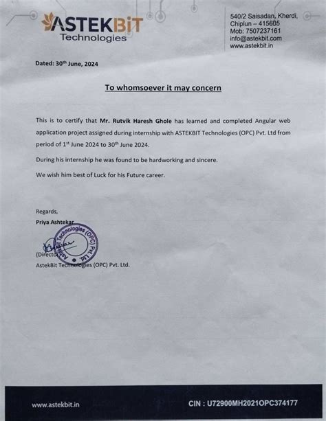 Rutvik Ghole On Linkedin Angular Internship Webdevelopment Frontend Astekbit Chiplun