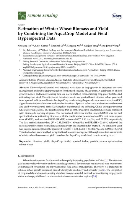 Pdf Estimation Of Winter Wheat Biomass And Yield By Combining The Aquacrop Model And Field