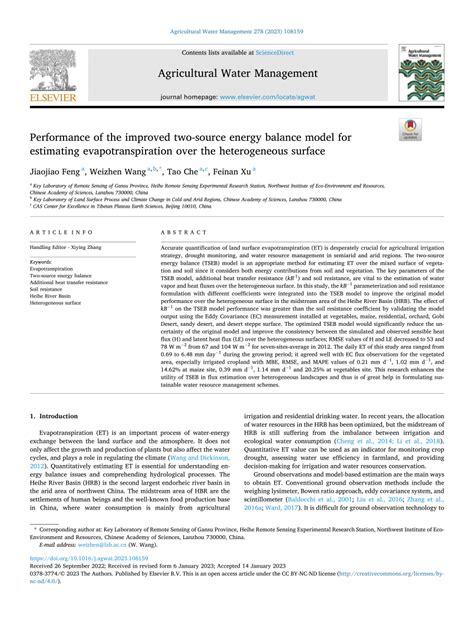 Pdf Performance Of The Improved Two Source Energy Balance Model For Estimating