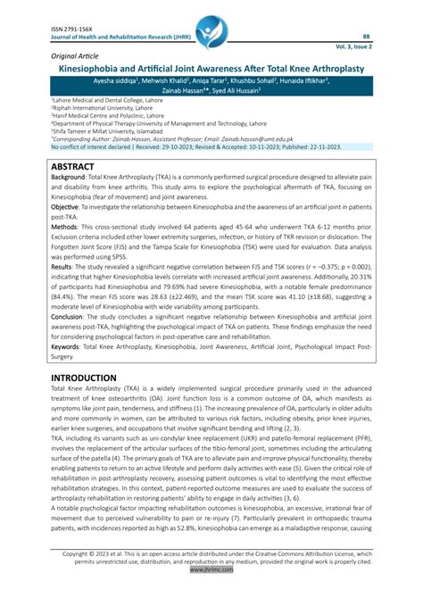 Pdf Kinesiophobia And Artificial Joint Awareness After Total Knee Arthroplasty
