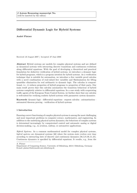 Pdf Differential Dynamic Logic For Hybrid Systems