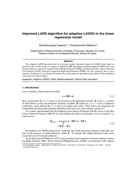 Improved Lars Algorithm For Adaptive Lasso In The Linearregression Model1 Pdf Linear