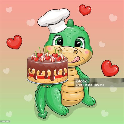 요리사의 모자를 쓴 귀여운 만화 드래곤 요리사가 큰 케이크를 들고 있습니다 0명에 대한 스톡 벡터 아트 및 기타 이미지 0명 공룡 귀여운 Istock