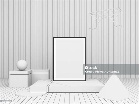 3d 렌더링 추상 구성 프리젠 테이션 프레임 이나 모형에 대 한 흰색 배경에 흰색 기하학적 모양입니다 최소한의 디자인과 균형 공간 0명에 대한 스톡 사진 및 기타 이미지