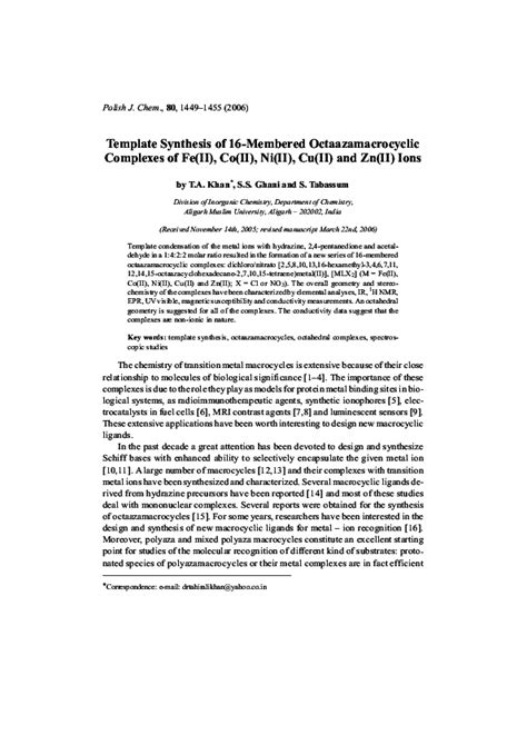 Pdf Template Synthesis Of 16 Membered Octaazamacrocyclic Complexes Of Feii Coii Niii