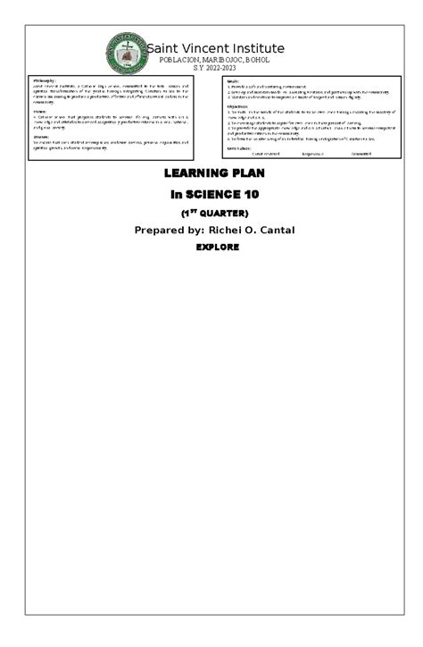 Learning Plan Science 7 Matatag Week 1 Quarter 1 Saint Vincent