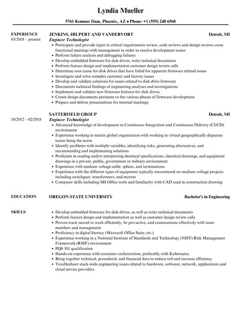 Engineer Technologist Resume Samples Velvet Jobs