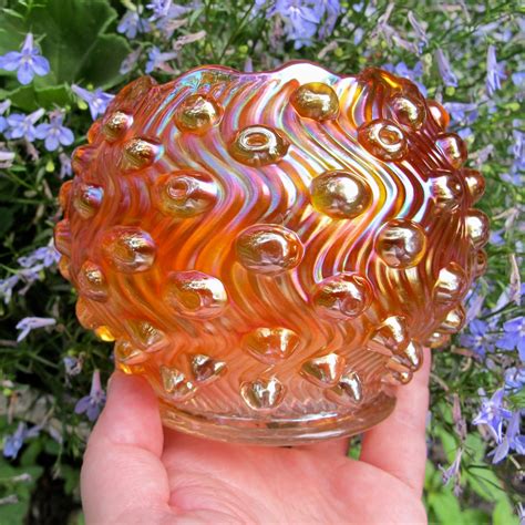 Antique Millersburg Marigold Swirled Hobnail Carnival Glass Rose Bowl