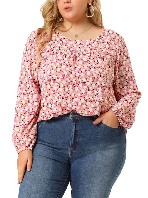 Agnes Orinda Womens Plus Size Ditsy Floral Elastic Cuff Peasant