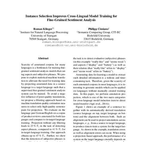 Instance Selection Improves Cross Lingual Model Training For Fine Grained Sentiment Analysis