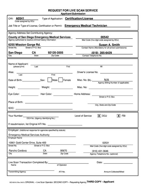 Fillable Online Request For Live Scan Service Applicant Submission A0541 Ori Type Of