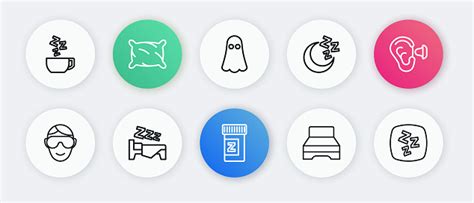 라인 수면제 귀마개와 귀 눈 수면 마스크 큰 침대 달의 별 유령 졸린 및 아이콘에 시간을 설정합니다 벡터 가구에 대한 스톡 벡터 아트 및 기타 이미지 Istock