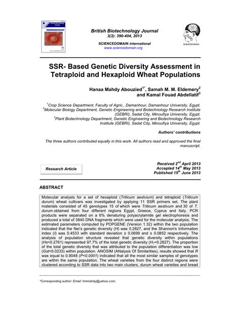 Pdf Ssr Based Genetic Diversity Assessment In Tetraploid And Hexaploid Wheat Populations