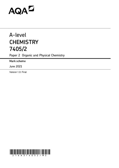 AQA A Level CHEMISTRY Paper Organic And Physical Chemistry Mark Scheme June