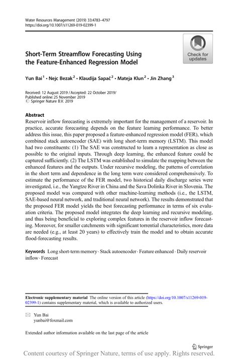 Short Term Streamflow Forecasting Using The Feature Enhanced Regression