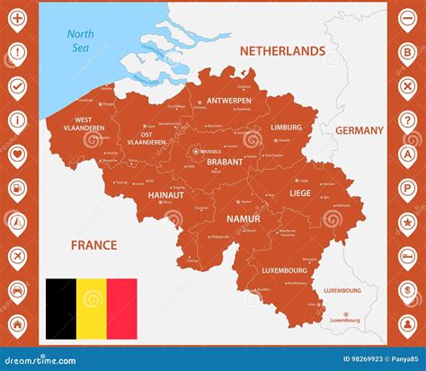 The Detailed Map Of The Belgium With Regions Or States And Cities Capitals With Map Pins Or