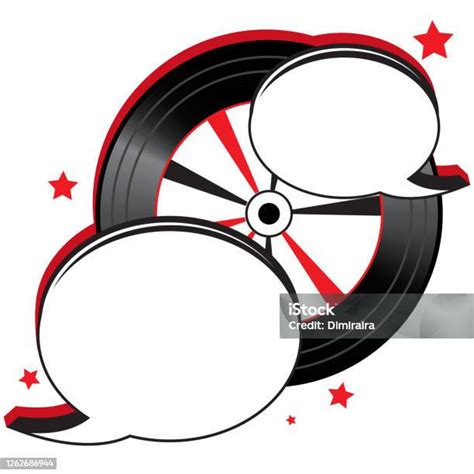 비닐 레코드의 배경에 두 개의 대화 구름 음악 채팅 빈 음성 거품 팝 아트 노래에 대한 메시지에 대한 흰색 구름 밝은 벡터 그림입니다 설계를 위한 템플릿 대화 클라우드