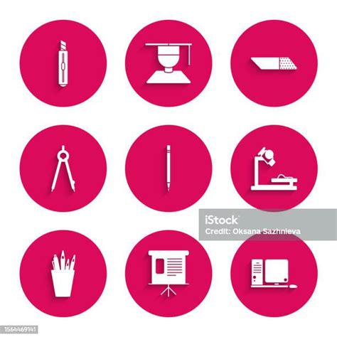 지우개 차트 다이어그램 인포 그래픽 파이 그래프 컴퓨터 모니터 키보드 및 마우스 현미경 케이스 편지지 그리기 나침반 지우개 고무 및 편지지 칼 아이콘으로 연필을 설정하십시오