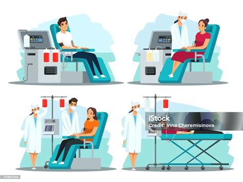 병원 일러스트 세트에 혈액을 기증하는 기증자 의료 의료 기관 벡터 의자에 앉아 있는 여자 남자 거짓말 의사와 간호사 도움 전문 실험실 또는 파운데이션 피에 대한 스톡 벡터