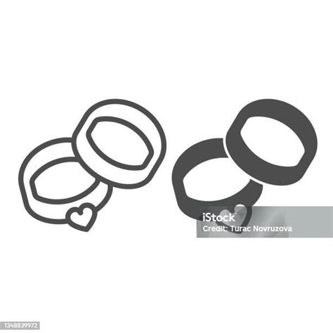 두 개의 결혼 반지와 하트 라인과 단단한 아이콘 결혼 개념 흰색 배경에 약혼 반지 벡터 기호 모바일 개념 및 웹 디자인을위한
