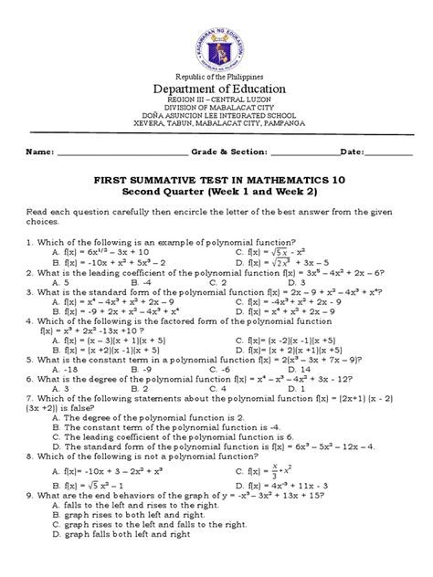 First Summative Test Q2 Week 1 And Week 2 Pdf Zero Of A Function