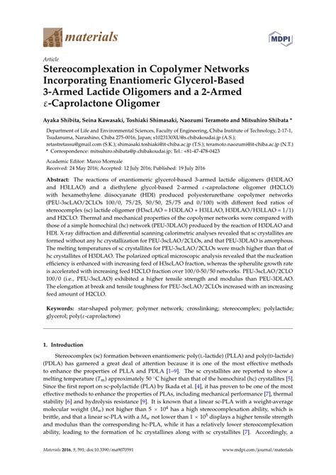 Pdf Stereocomplexation In Copolymer Networks Incorporating Enantiomeric Glycerol Based 3 Armed