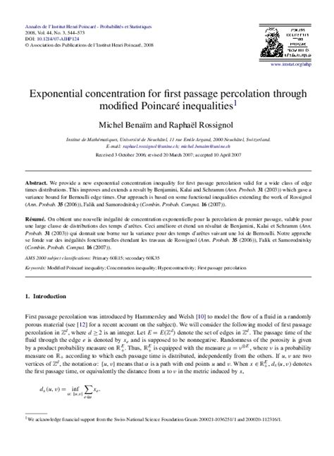 Pdf Exponential Concentration For First Passage Percolation Through Modified Poincaré Inequalities