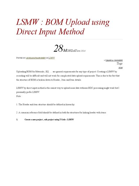 lsmw bom upload using direct input method onday pdf computer data
