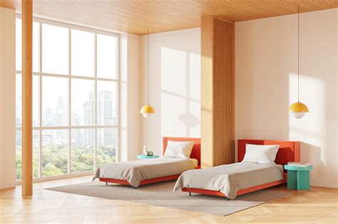 대형 창문과 도시 스카이라인 전망을 감상할 수 있는 현대적인 트윈 침실입니다 3d 렌더링 0명에 대한 스톡 사진 및 기타 이미지 0명 3차원 형태 가구 Istock