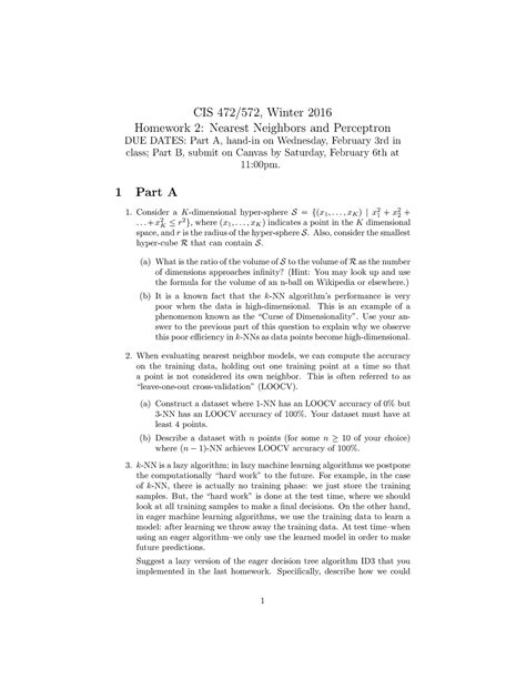 hw2 homework assignment 2 cis winter 2016 homework 2 nearest neighbors and perceptron due