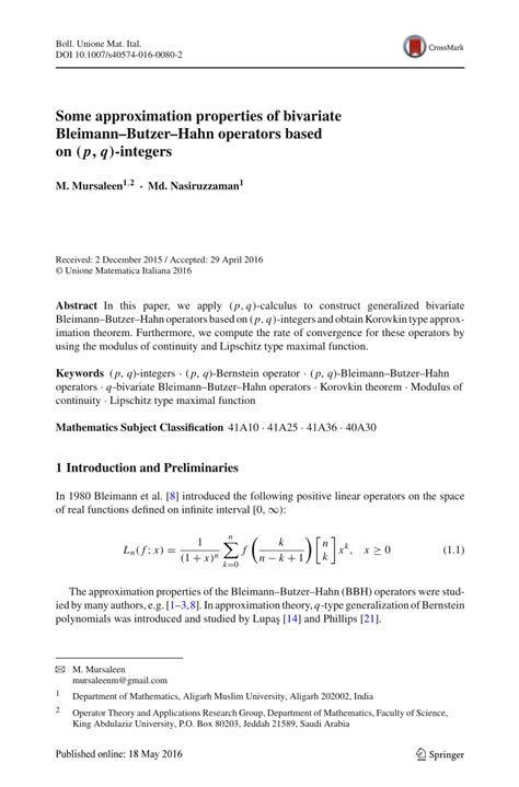 Pdf Some Approximation Properties Of Bivariate Bleimann Butzer Hahn Operators Based On P Q