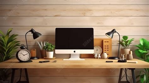 무료 나무 테이블에 Pc 컴퓨터 데스크탑 모형을 갖춘 미니멀한 사무실 책상의 현대적인 워크스테이션 3d 렌더링 Ppt 배경