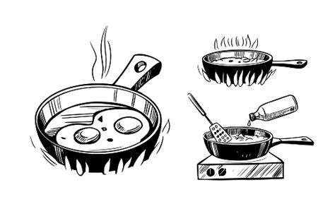요리 과정 스크램블 에그와 야채를 곁들인 프라이팬 손으로 그린 벡터 스케치 그림 감정가에 대한 스톡 벡터 아트 및 기타 이미지