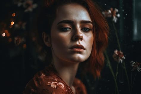 Premium Ai Image A Woman With Red Hair And A Floral Print On Her