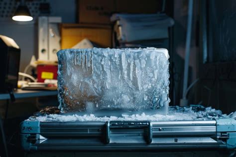 An Artistic Exploration Of A Frozen Block In A Creative Workspace During Evening Hours Stock