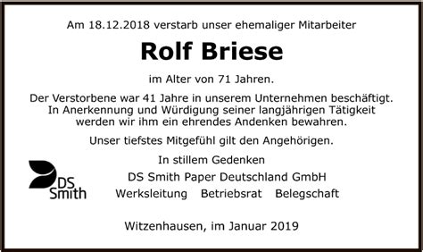 Traueranzeigen Von Rolf Briese Trauer Hna De