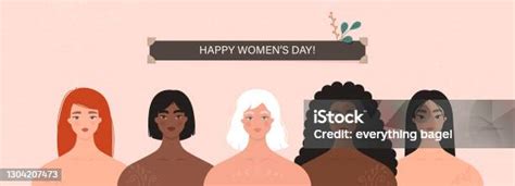 세계 여성의 날 3월 8일 여성 다양성 개념 다민족 여성 캐릭터의 그룹 백인 아시아 흑인 함께 서있는 소녀의 초상화 International Womens Day에 대한 스톡