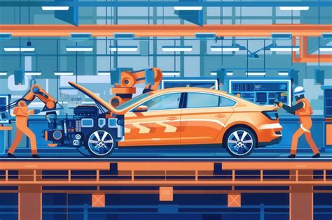 Premium Photo A Dynamic Illustration Of A Car Assembly Line Showcasing Workers And Robots