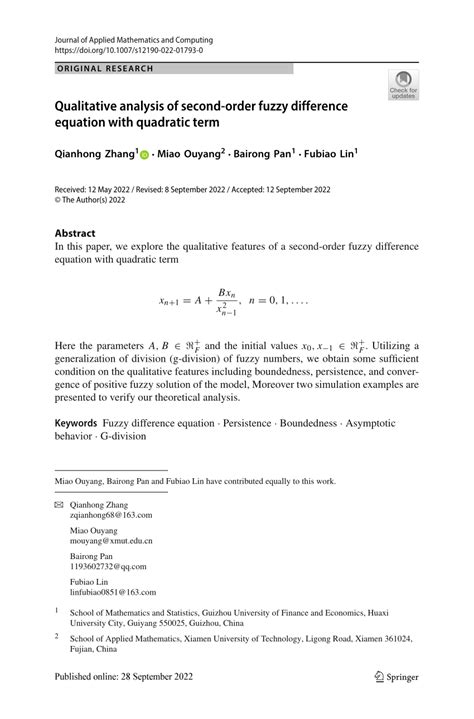 Pdf Qualitative Analysis Of Second Order Fuzzy Difference Equation With Quadratic Term