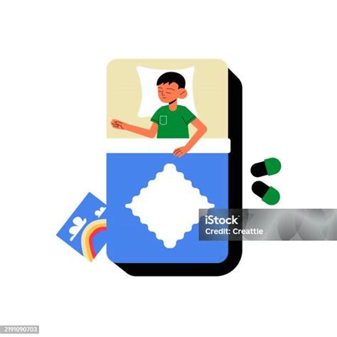 침대에서 평화롭게 잠자는 소년 평면 벡터 일러스트 레이 션 휴식 휴식 및 야간 루틴을 상징 흰색 배경에 고립되어 있습니다 귀여운에 대한 스톡 벡터 아트 및 기타 이미지